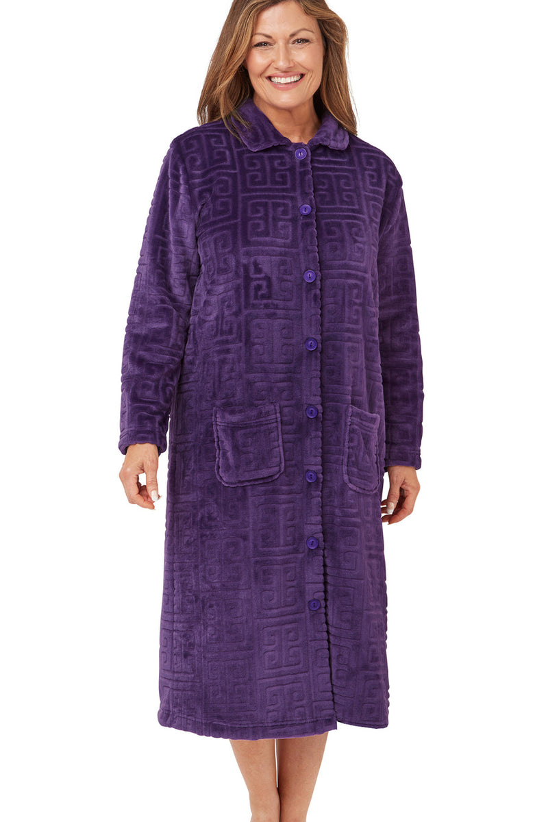 MARLON Greek Key Motif Embossed Fleece Button-Through Housecoat Pink o ...